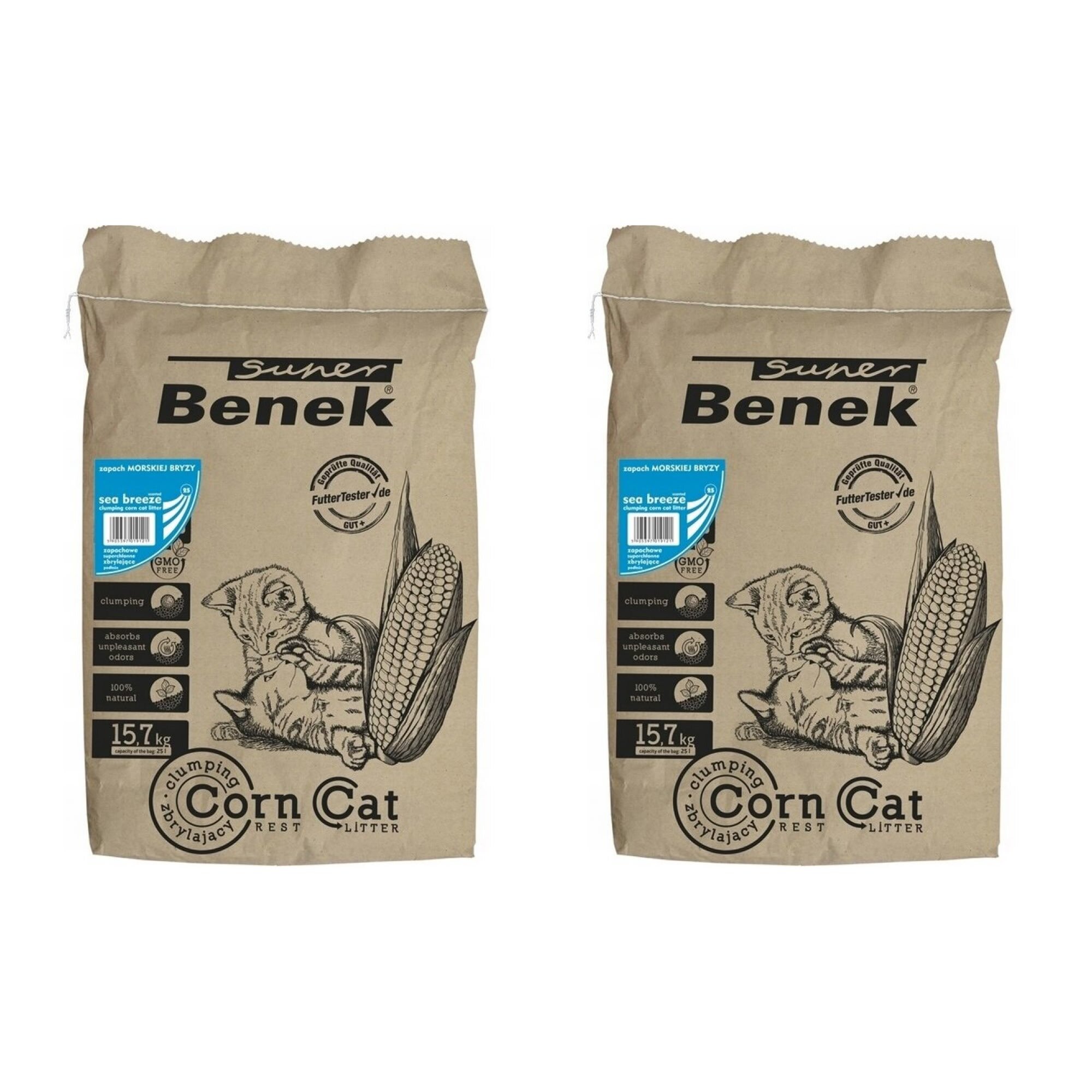 SUPER BENEK Corn Cat Morska Bryza 2 x 25 l Żwirek dla kota - niskie ...