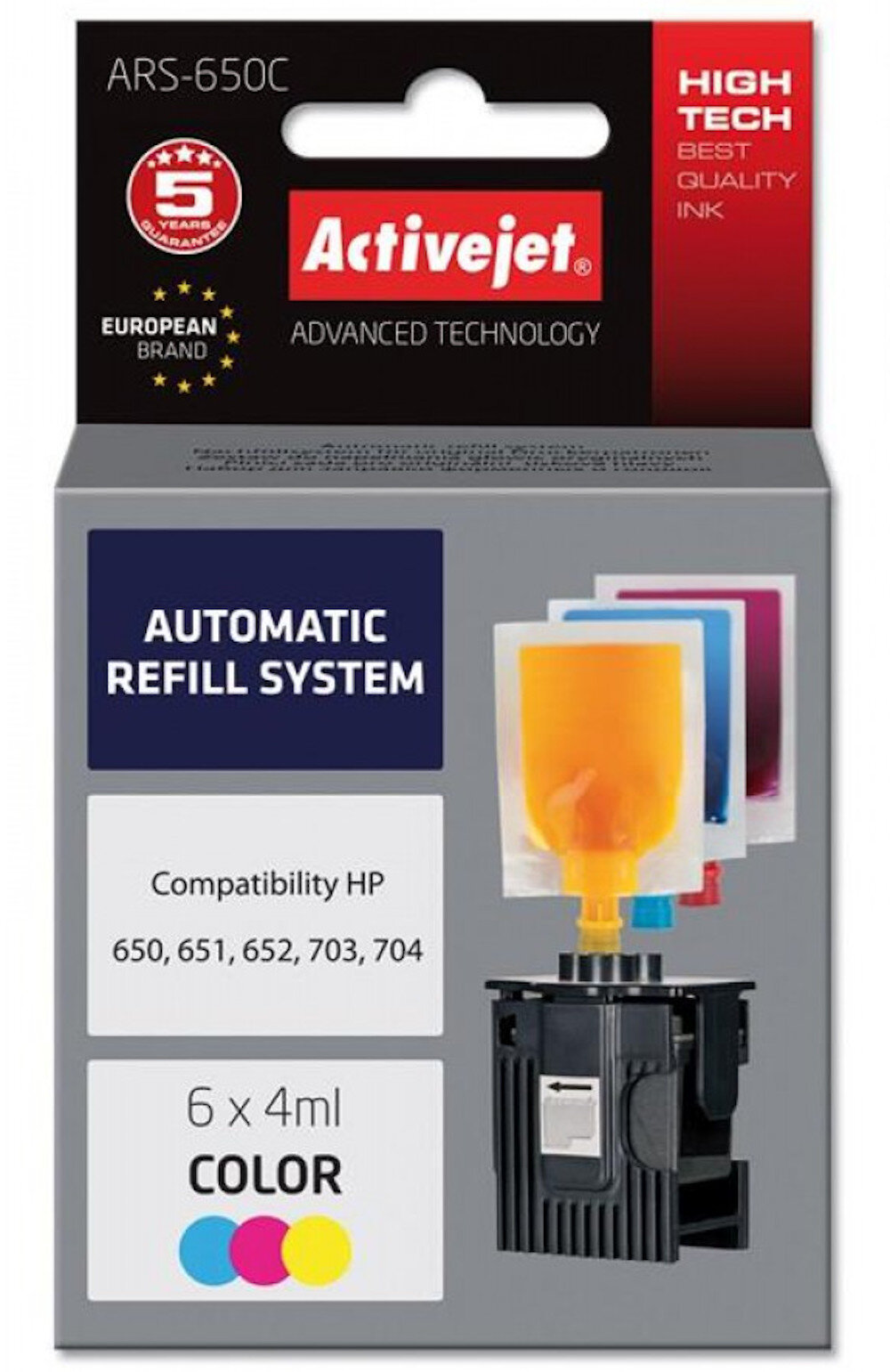 ACTIVEJET do HP 650 / 651 / 652 / 653 / 703 / 704 Błękitny, Purpurowy, Żółty 24 ml ARS-650COL ...