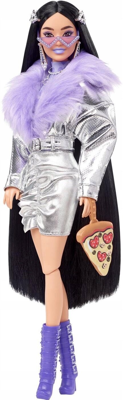 Lalka Barbie Extra Srebrzysty strój i różowe boa Czarne włosy HHN07 ...